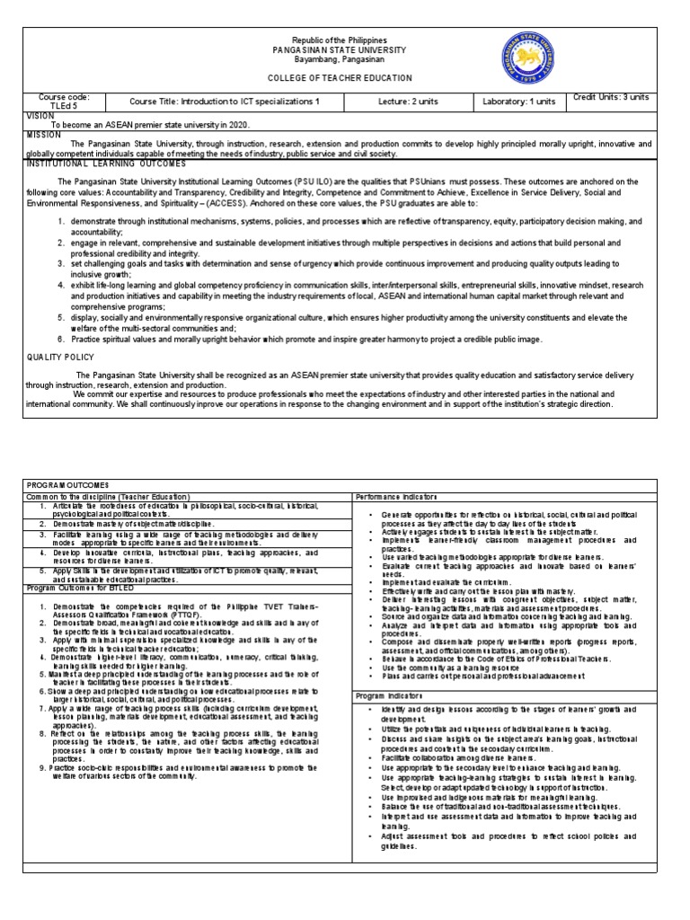 Btled Ict 1 2020 Iso Obe Syllabus2 | PDF | Teaching Method ...