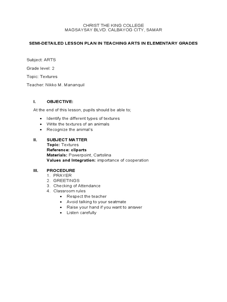 Semi Detailed Lesson Plan in Arts 1 | PDF | Teachers | Lesson Plan