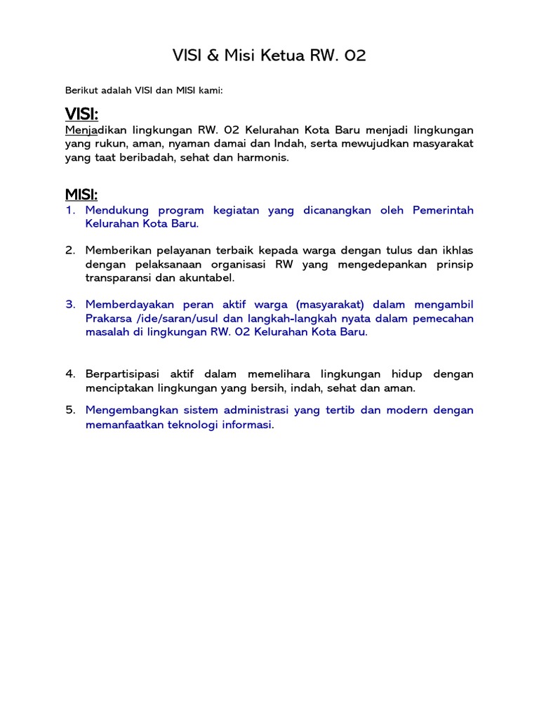 Visi & Misi Calon Ketua Rw. 02 | PDF