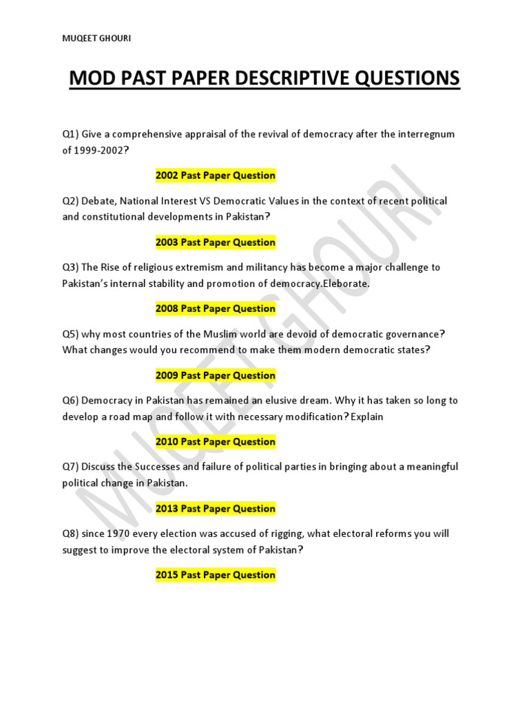 Mod Descriptive Test Past Papers | PDF | Government | International ...