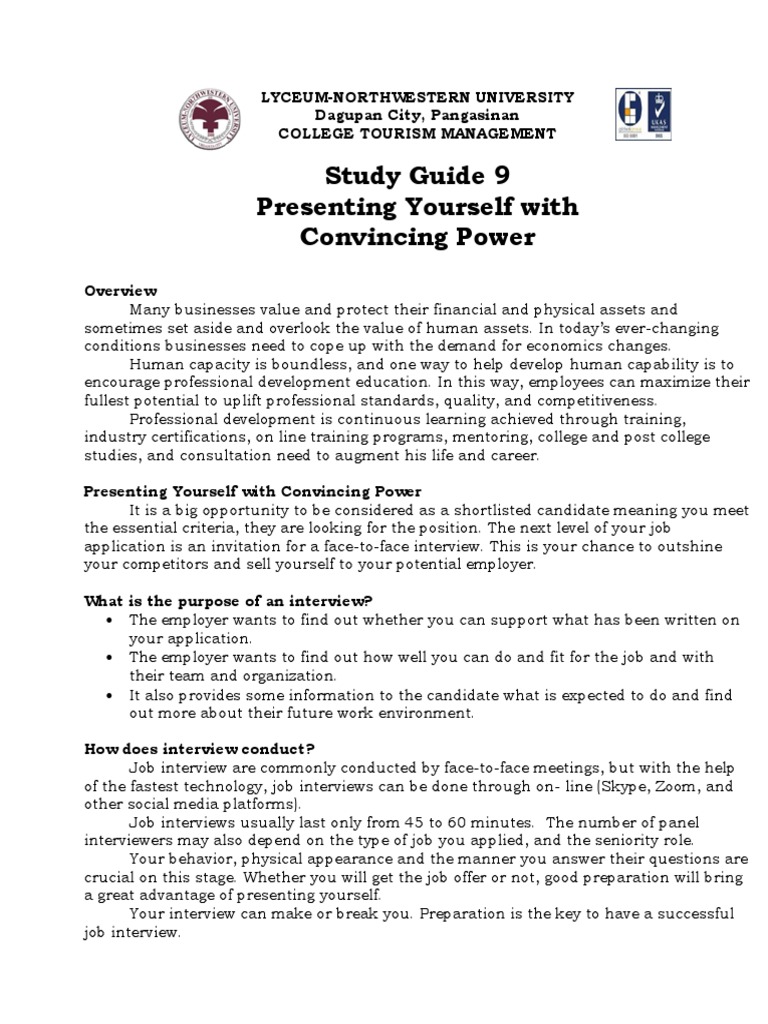 Study Guide 9 - Self Presentation | PDF | Job Interview | Communication