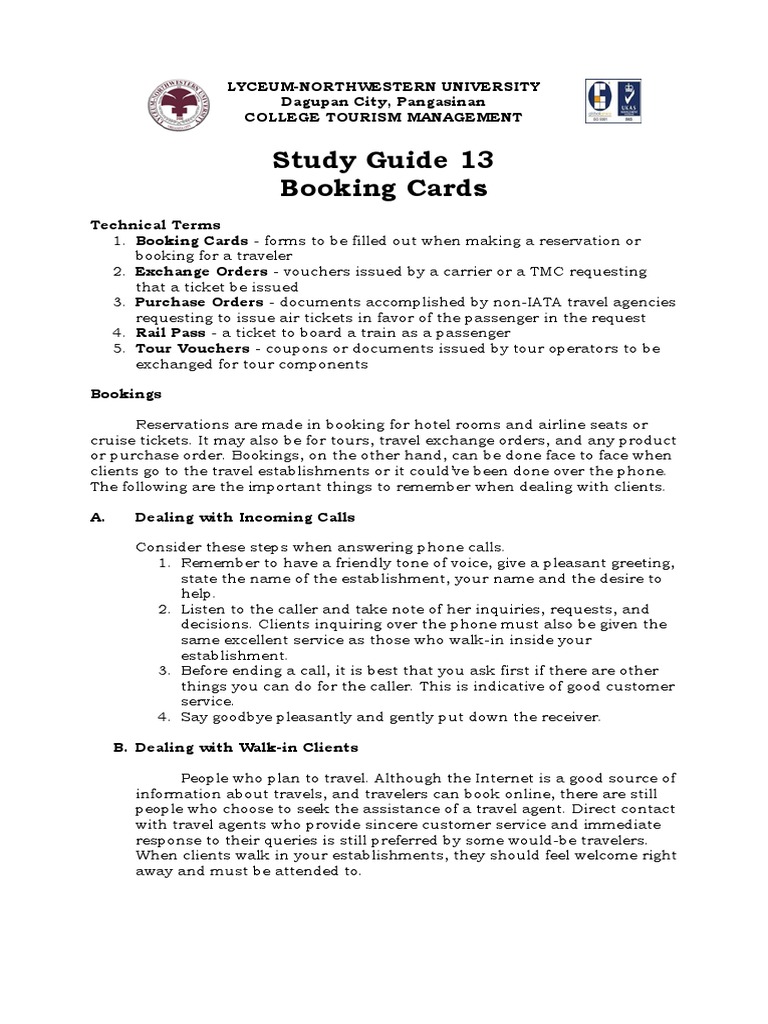 Study Guide 13 - Booking Cards | PDF | Service Industries
