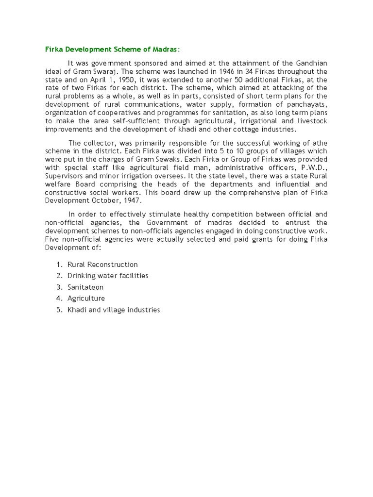 Firka Development Scheme of Madras | PDF