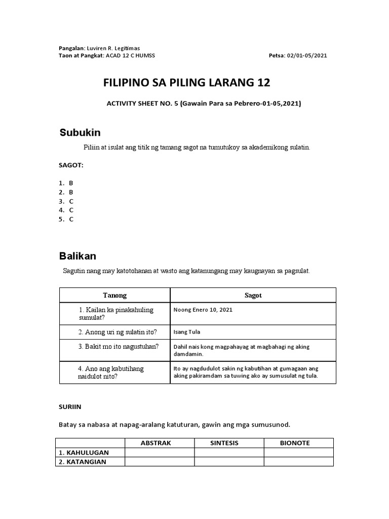 Activity Sheet No. 5 Filipino Sa Piling Larang 12 | PDF