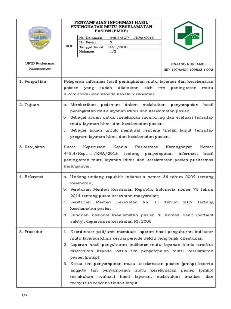 Sop Penyampaian Informasi Hasil Peningkatan Mutu Keselamatan Pasien (PMKP) | PDF