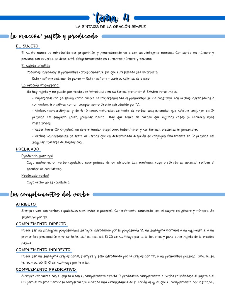 La Sintaxis De La Oración Simple Pdf Verbo Predicado Gramática