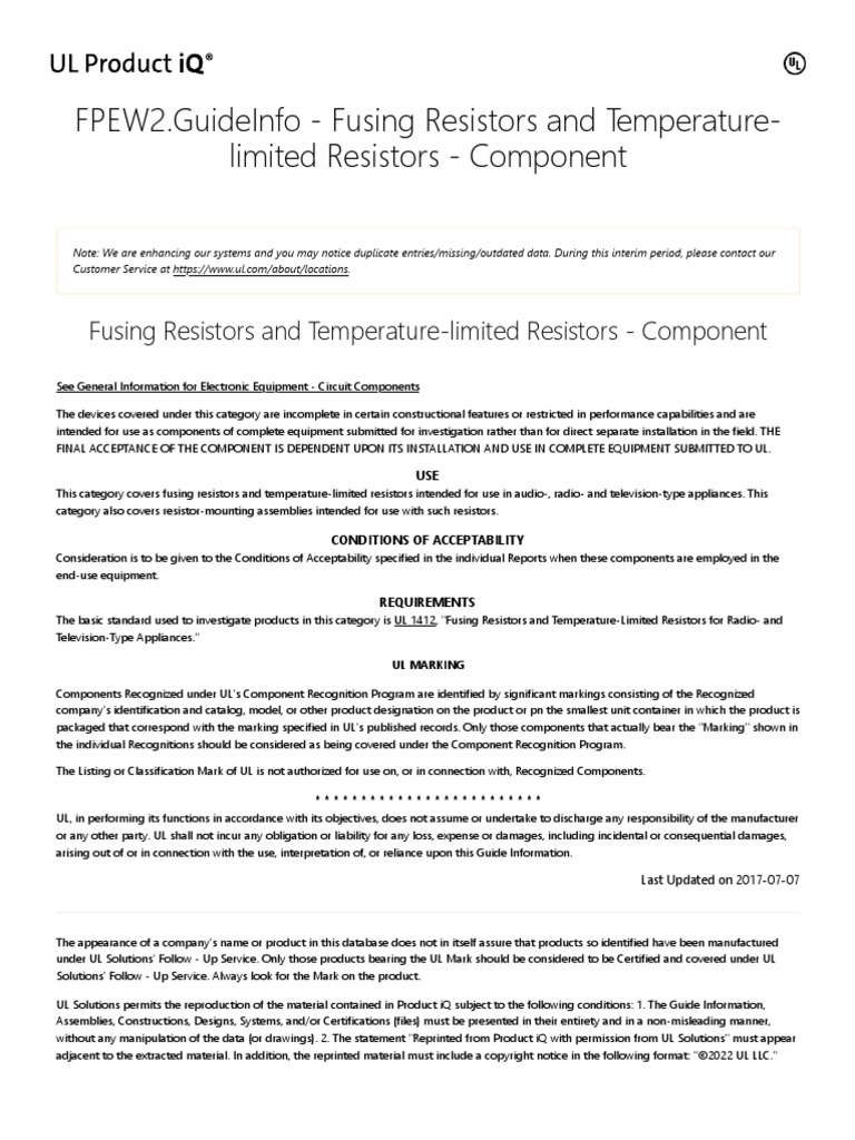 FPEW2.GuideInfo - Fusing Resistors and Temperature-Limited Resistors - Component - UL Product Iq ...