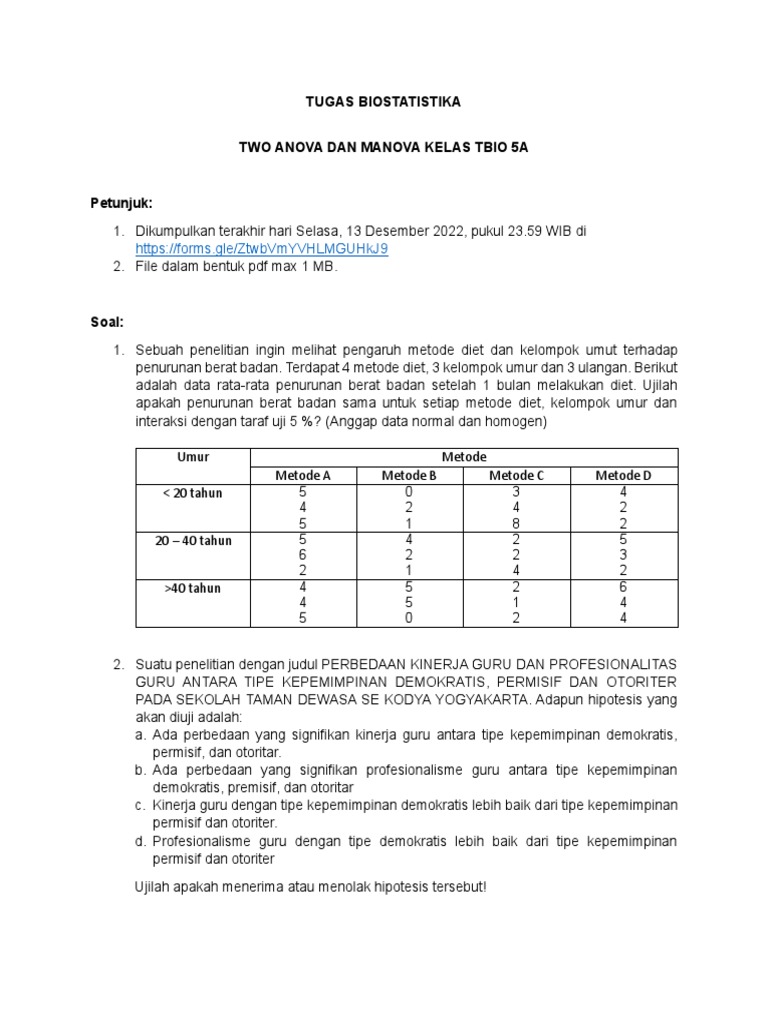 Tugas Biostatistika Two Way Anova Dan Manova Kelas 5a | PDF