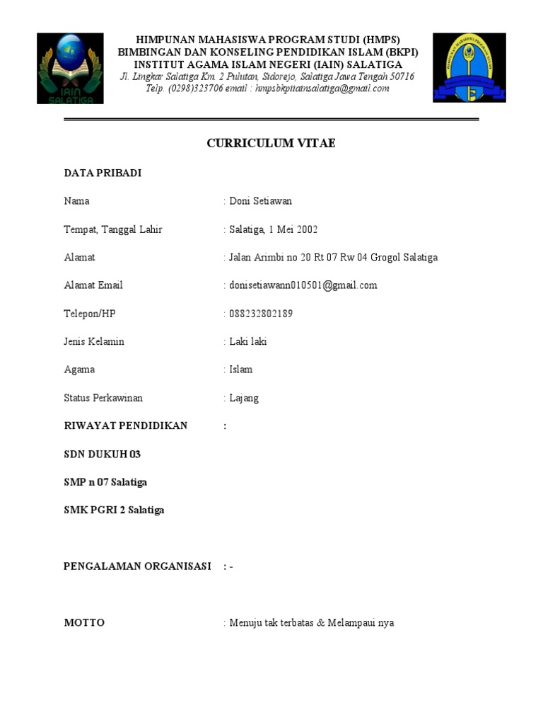 CV & Surat Pernyataan BKPI DONI SETIAWAN 23080200063 | PDF | Ilmu Sosial