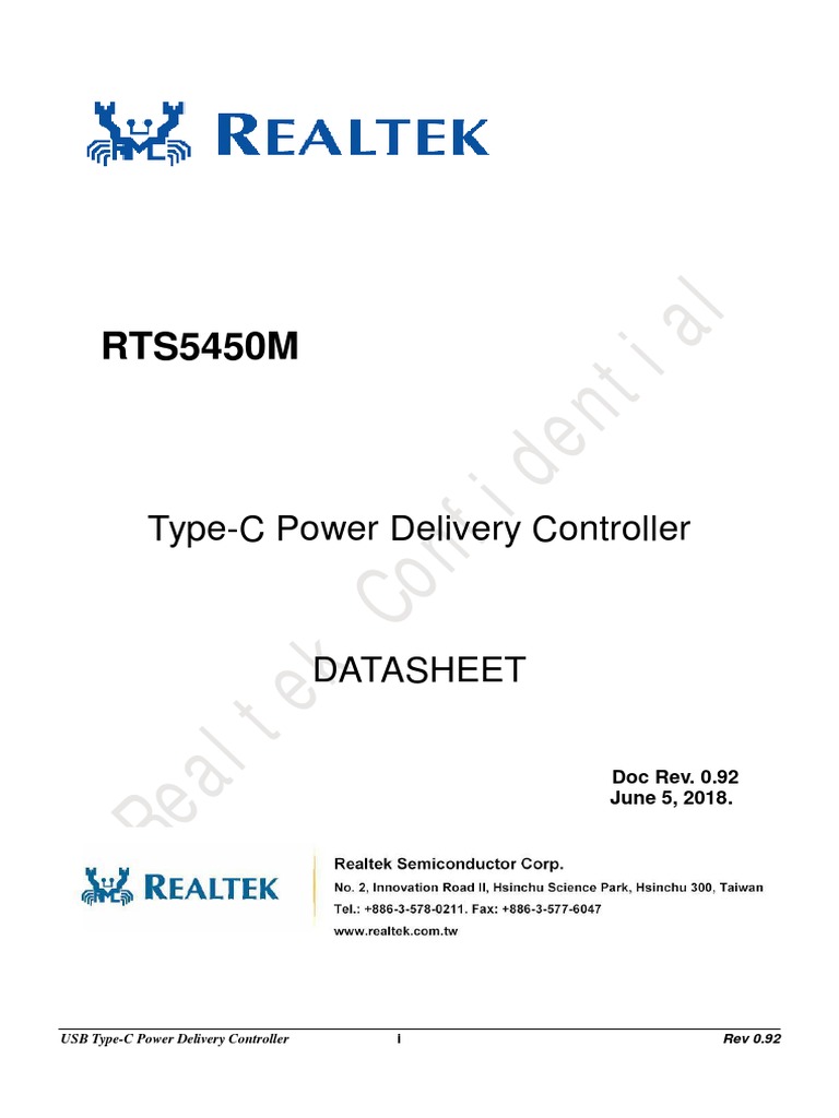 RTS5450M Type-C Power Delivery Controller v0.92 | PDF | Usb | Computing