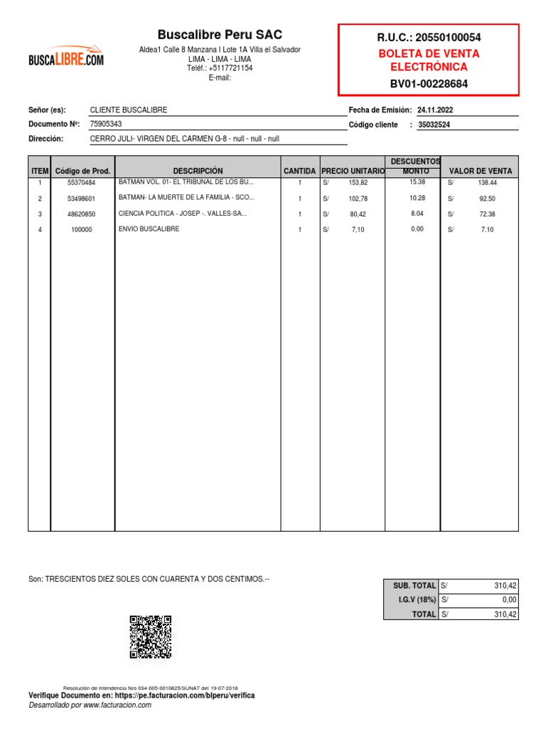 Buscalibre Peru SAC: Boleta de Venta Electrónica | PDF