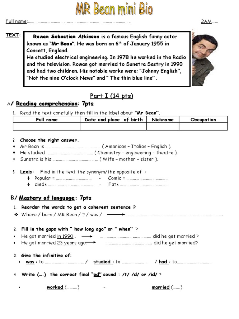MR Bean Mini Bio Reading Comprehension Exercises Tests Writing Crea ...