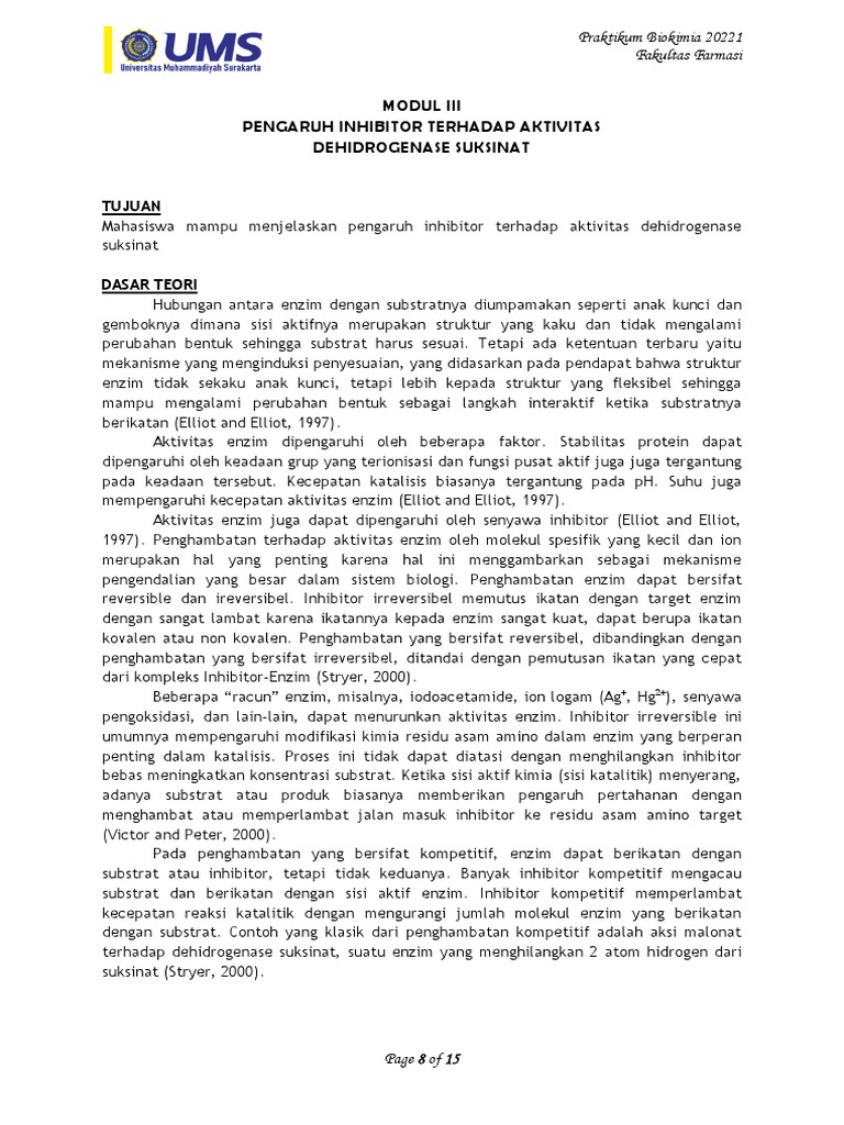 Modul Iii Pengaruh Inhibitor Terhadap Aktivitas Dehidrogenase Suksinat ...