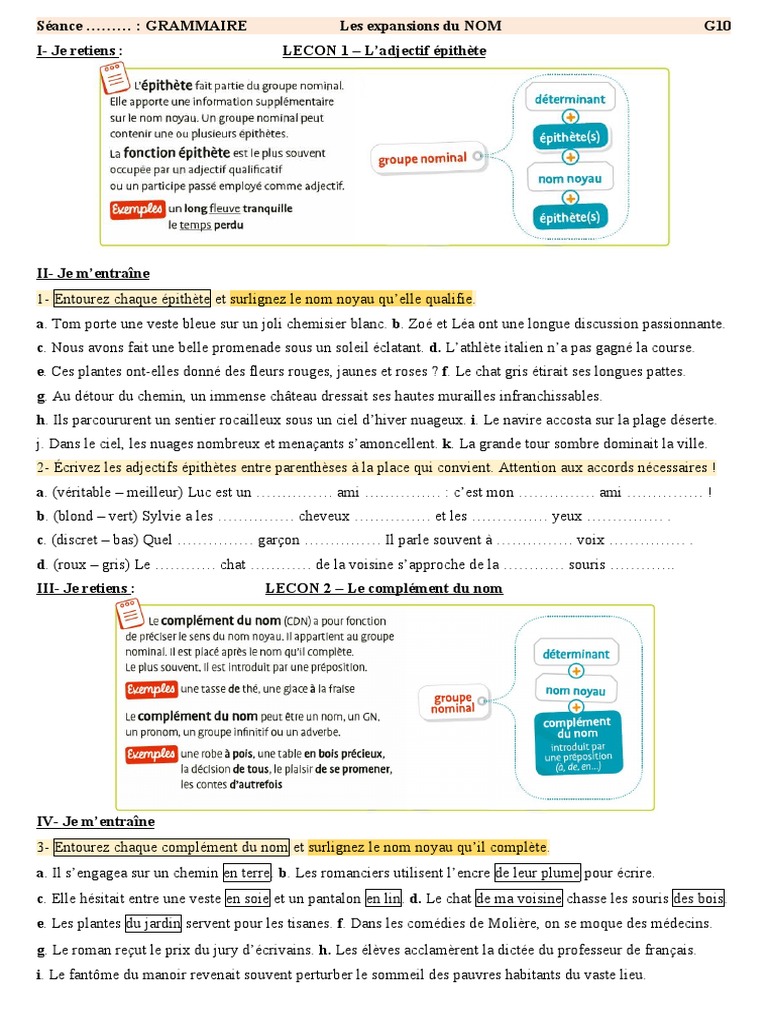 Exercices sur les expansions du nom 5ème | PDF | Grammaire | Syntaxe