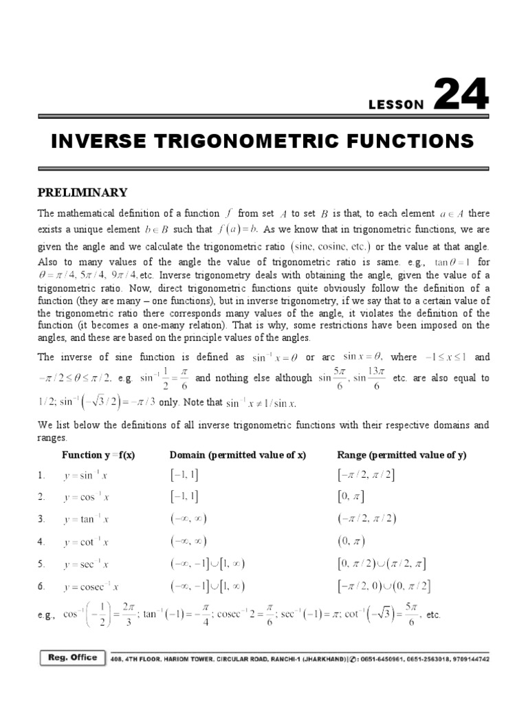 24 - Inverse Trigonometric Functions | PDF | Trigonometric Functions | Function (Mathematics)