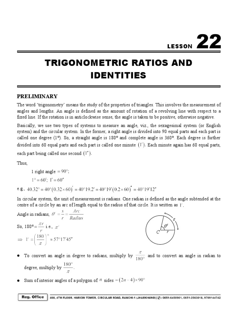 22 - Trigonometric Ratios and Identities | PDF | Trigonometric Functions | Angle
