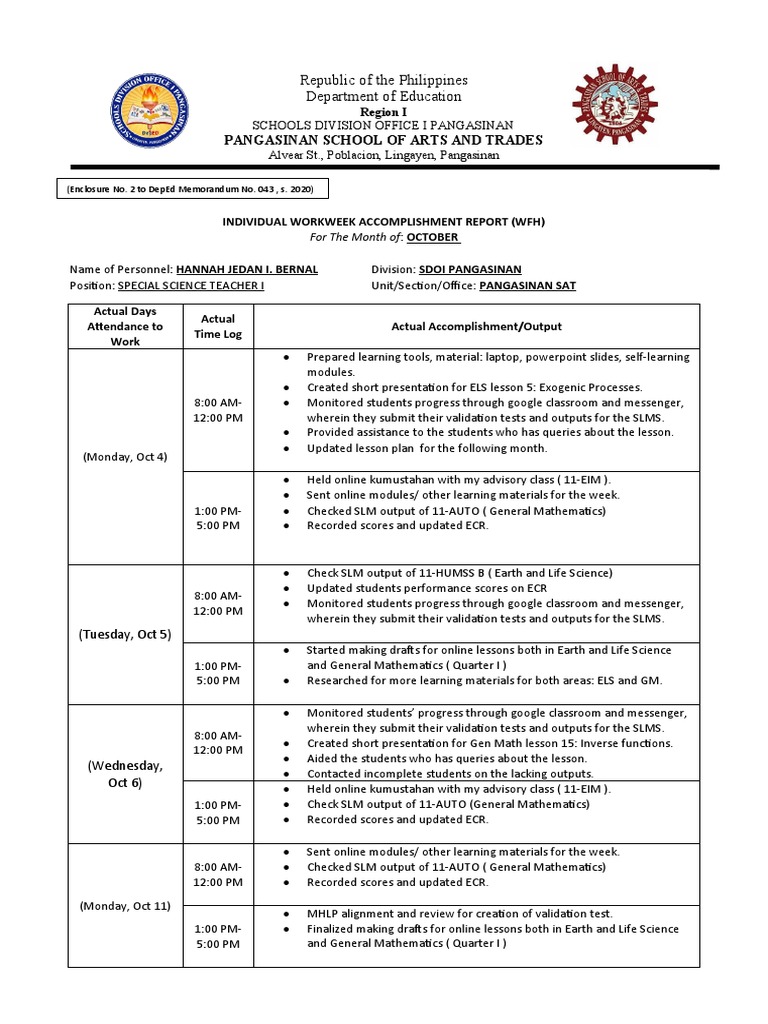 WFH Accomplisment Report Sample 1 | PDF | Classroom | Behavior Modification
