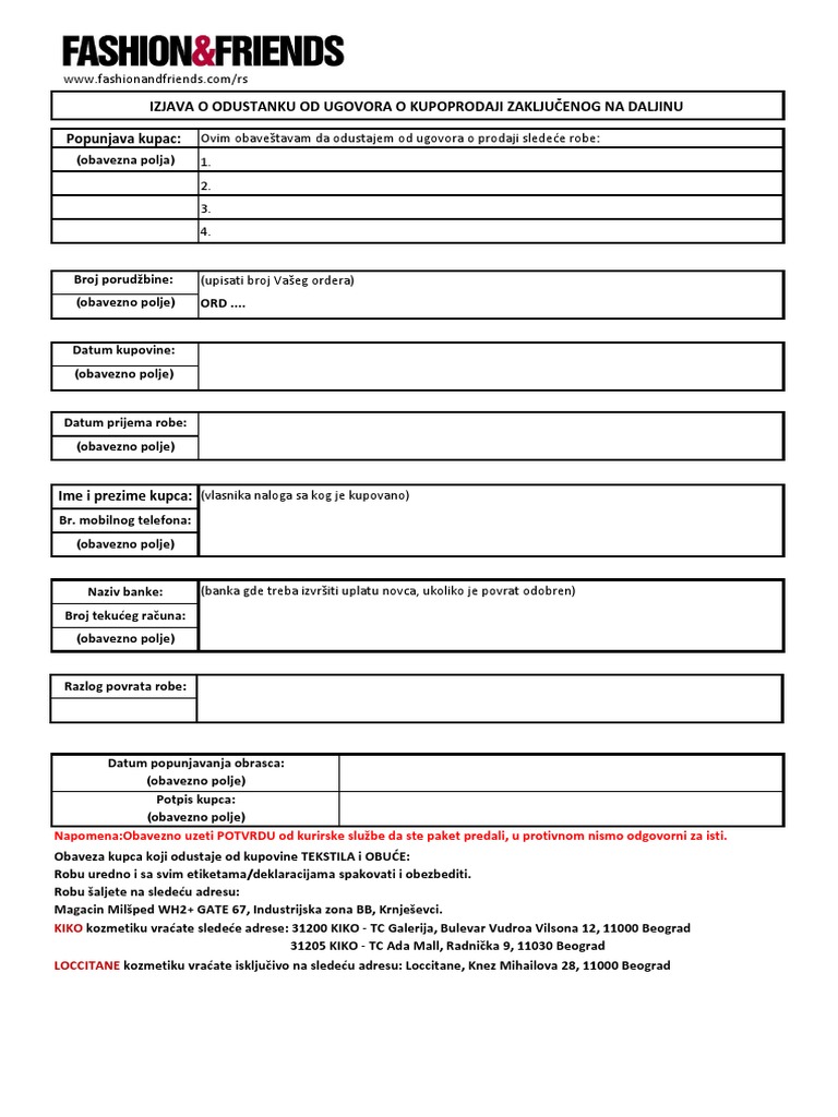 Obrazac Za Jednostrani Raskid Ugovora 2782018 | PDF