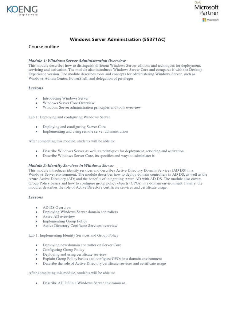 Course Outline: Windows Server Administration (55371AC) | PDF | Active Directory | Group Policy
