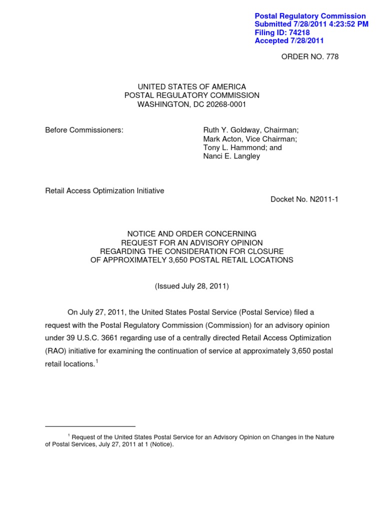 PRC Schedule On USPS Request For PO Closings | PDF | Social Science | Law