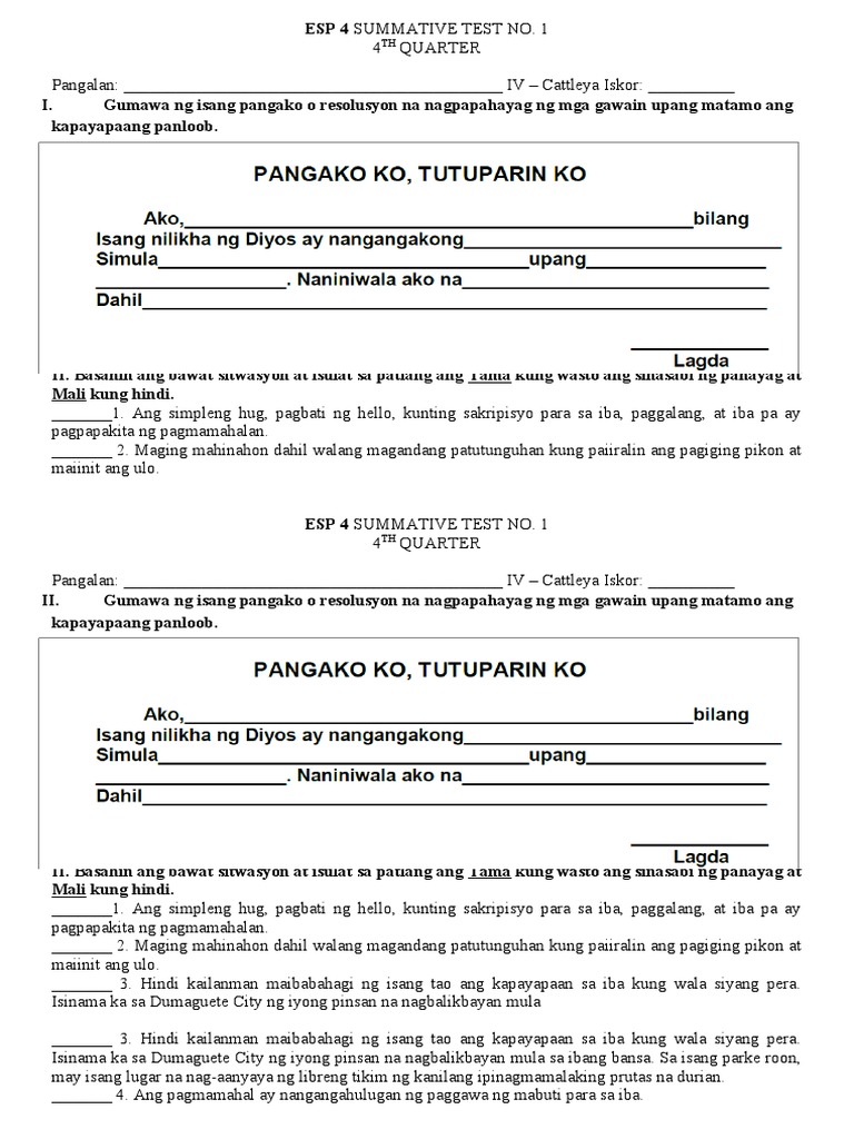 ESP 4 Quarter 4 1st Summative Test | PDF