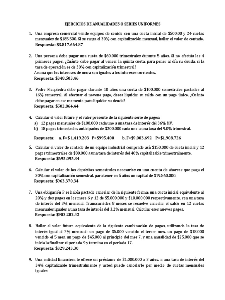 Ejercicios de Anualidades o Series Uniformes 1 | PDF | Interés | Bancos