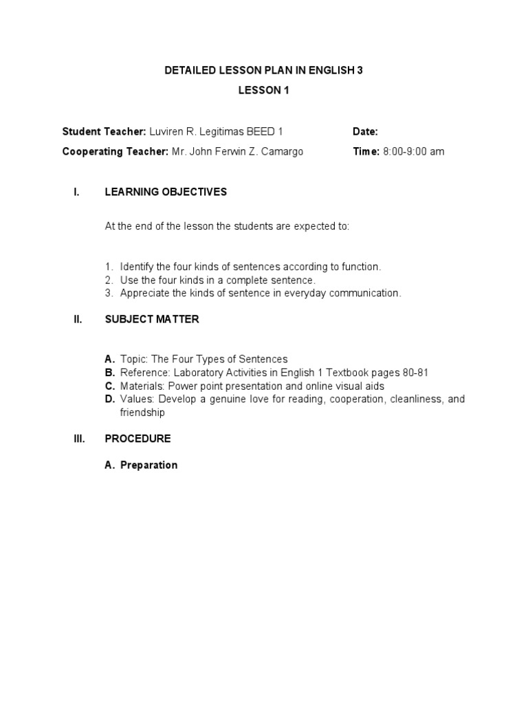 Lesson Plan: Types of Sentences | PDF | Sentence (Linguistics) | Lord's ...