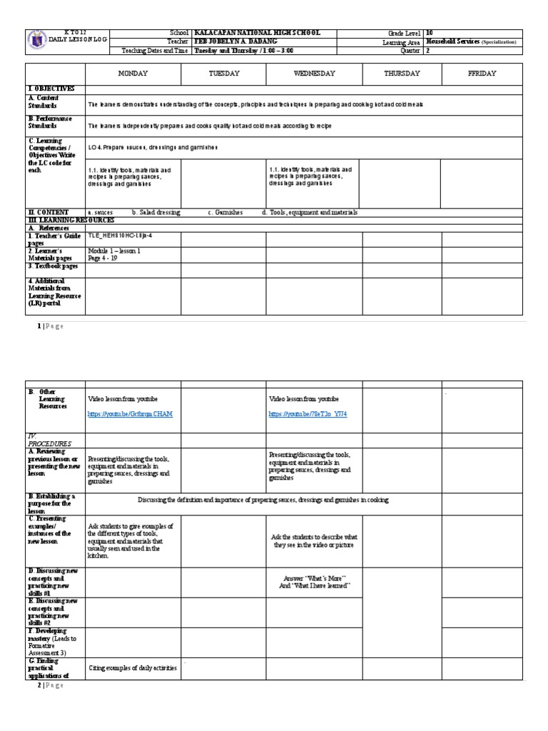 TLE 10 DLL Week 1 | PDF | Cognition | Learning