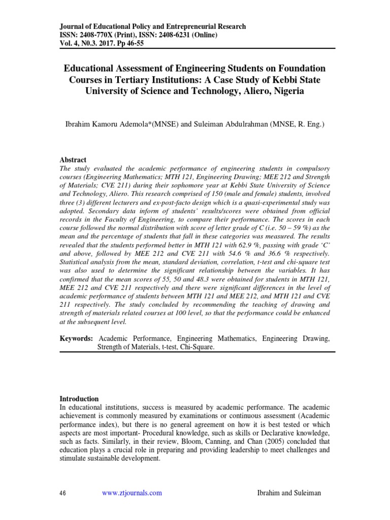 Educational Assessment of Engineering Students On Foundation Courses in Tertiary Institutions A ...