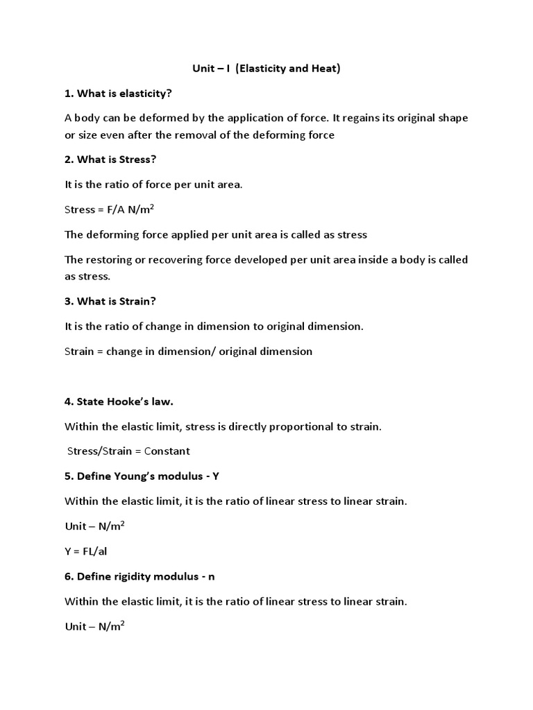 Unit - I and II (2 Marks) | PDF | Elasticity (Physics) | Young's Modulus