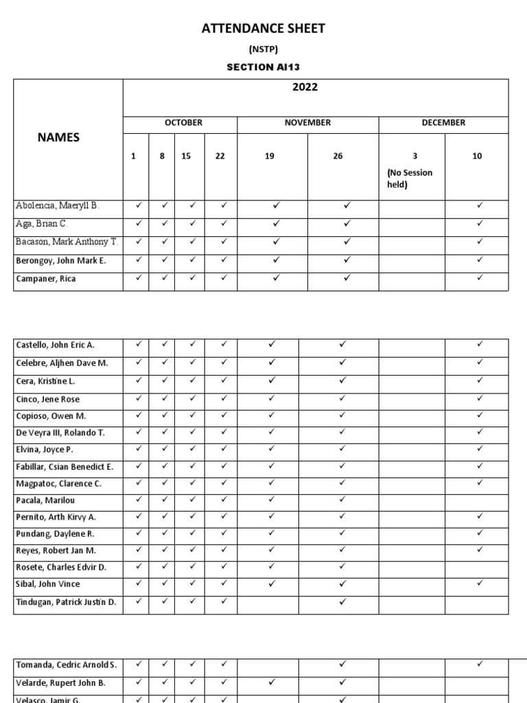Attendance Sheet Ai13 | PDF