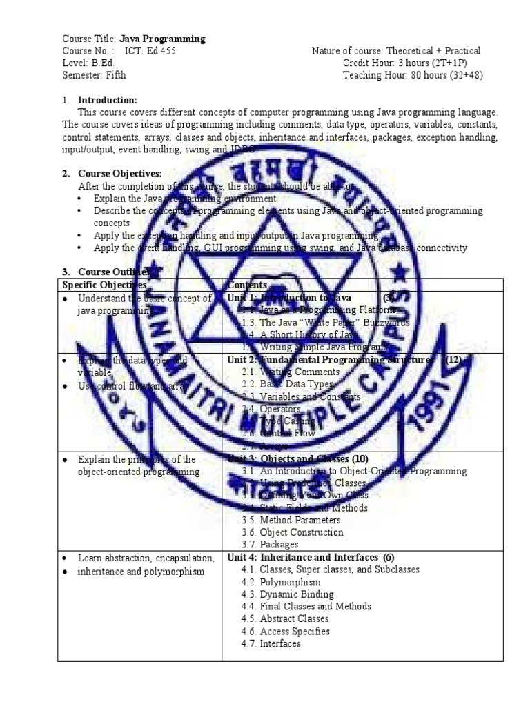 5th Sem Syllabus Ict 455 Java Programming Pdf Class Computer Programming Inheritance 7349