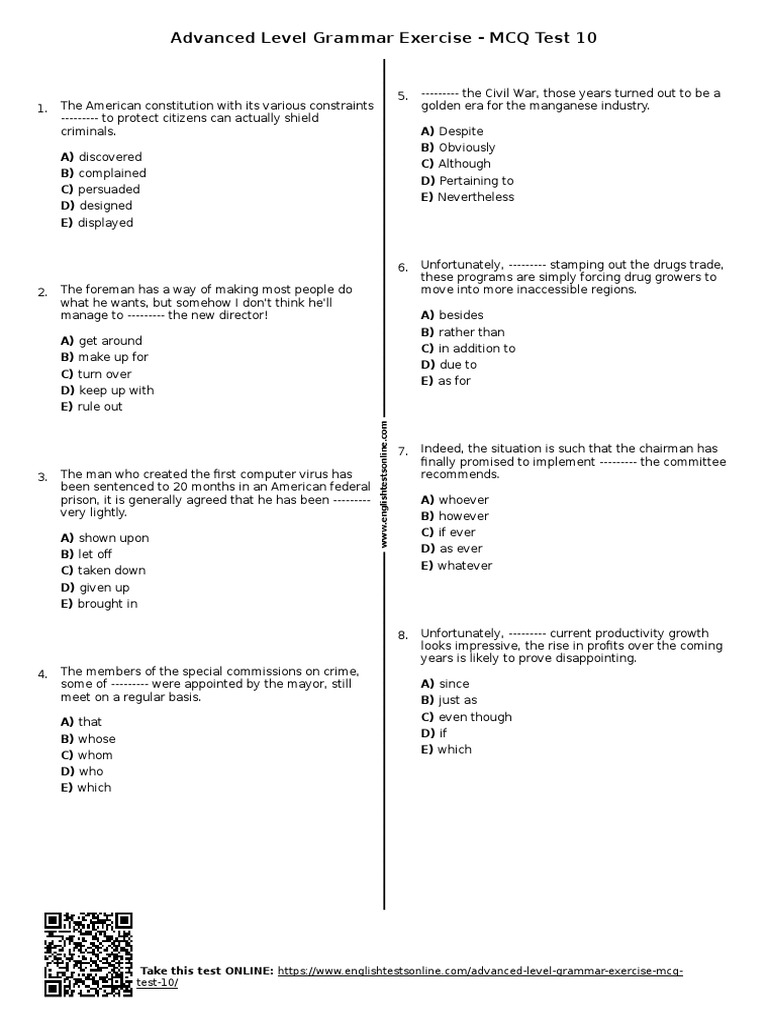 Advanced Grammar MCQ Test 10 | PDF | Government