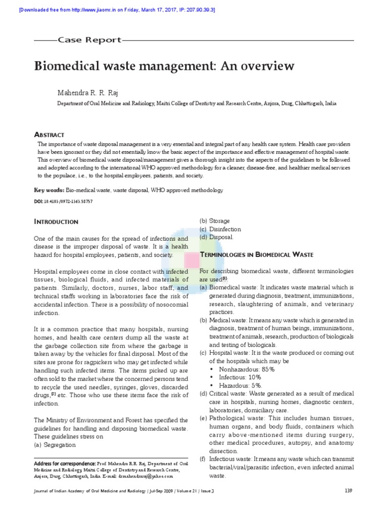 Biomedical Waste Management An Overview | PDF | Waste | Waste Management