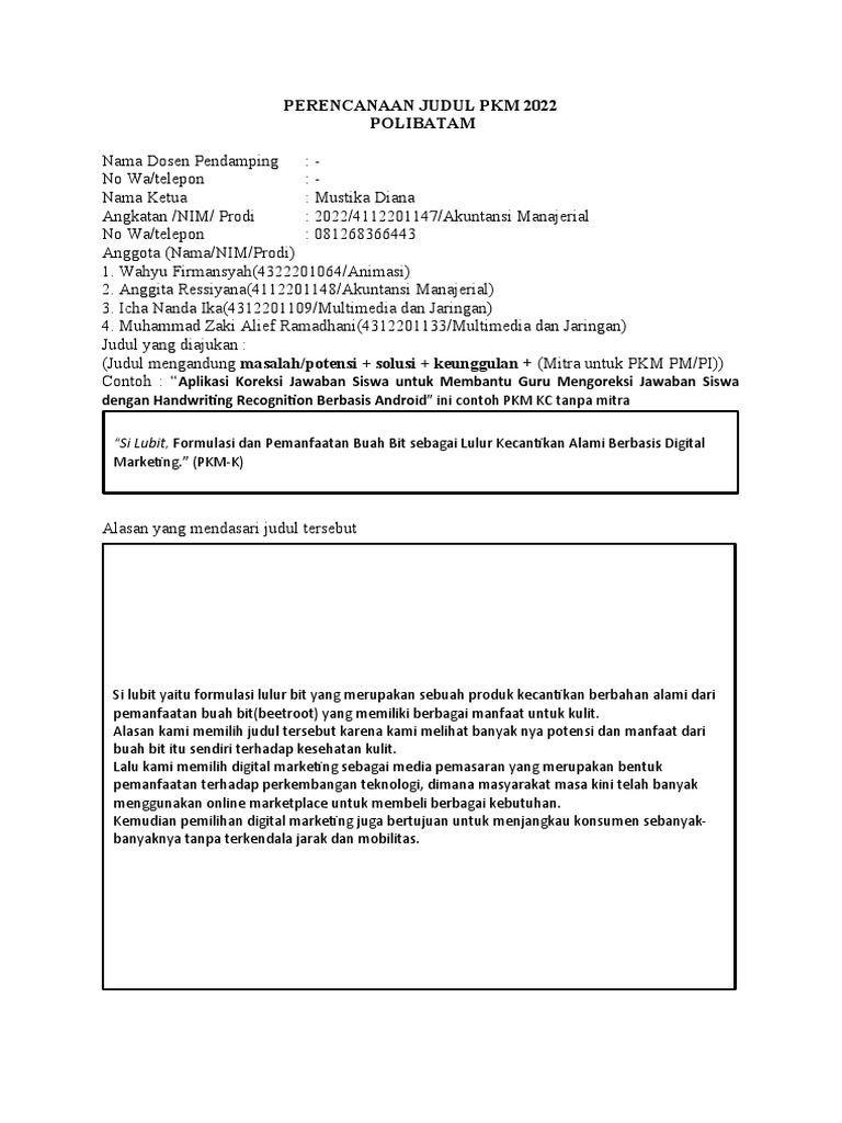 Pengajuan Judul PKM-K | PDF | Karier & Perkembangan | Bisnis
