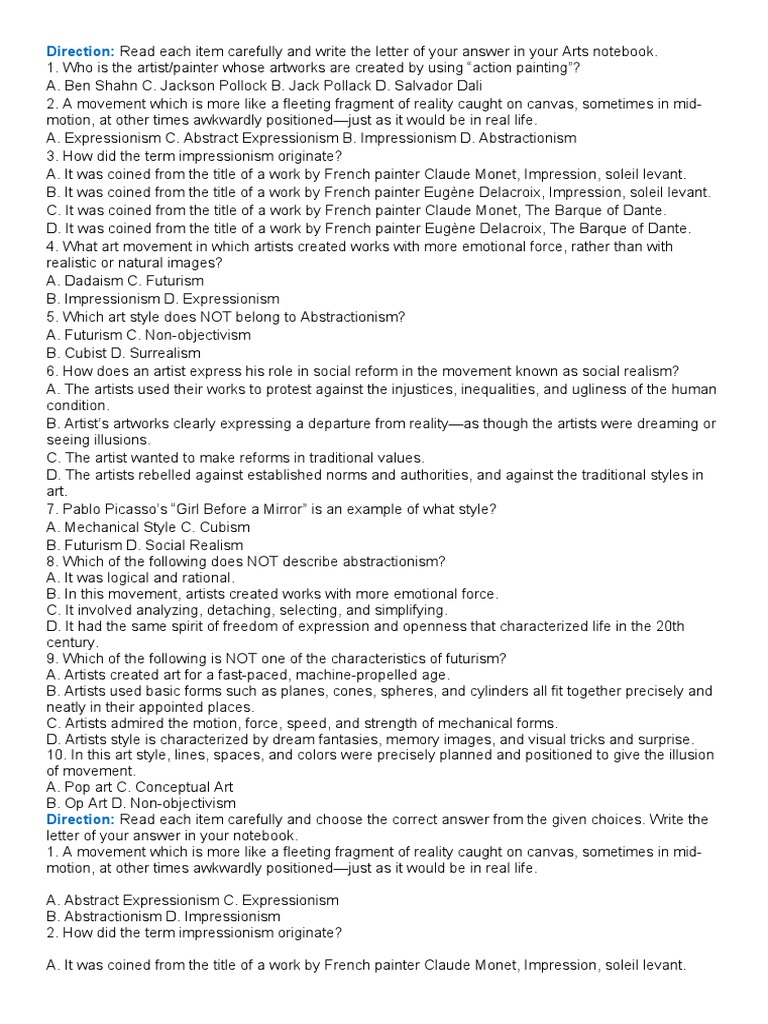 Arts Quiz Questions | PDF | Paintings | Abstract Art