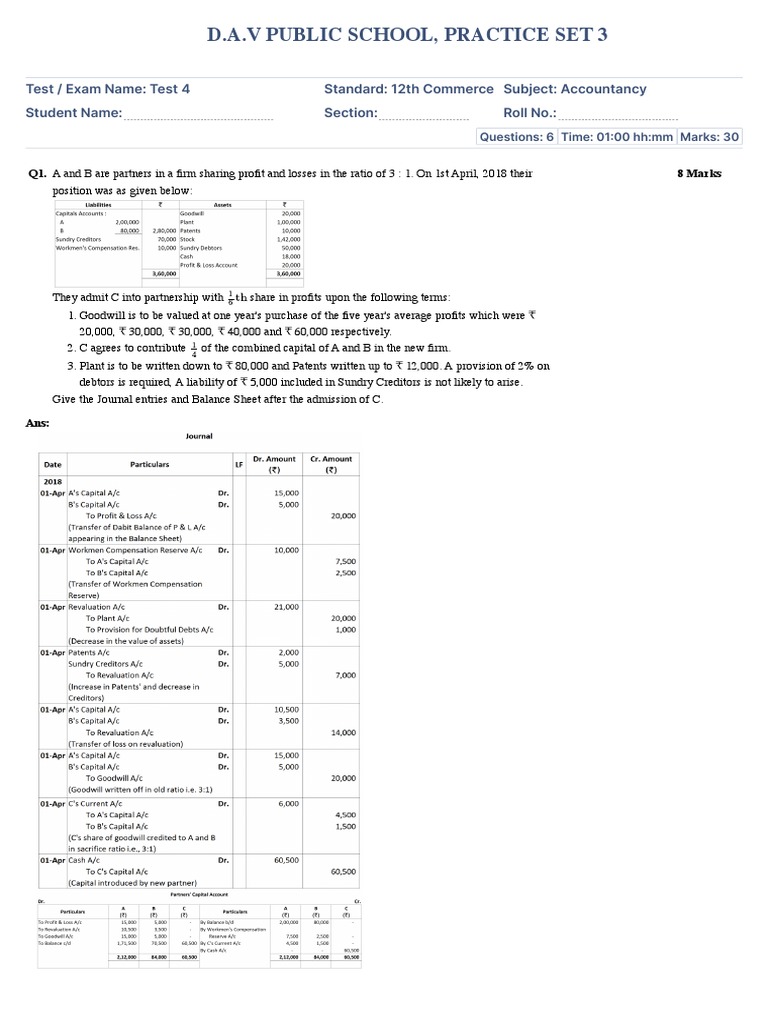 Journal Entries and Balance Sheet for the Admission of a New Partner, C ...