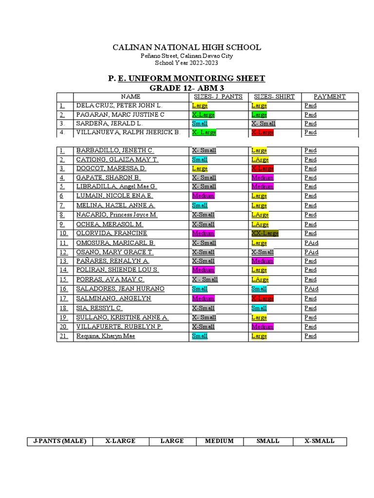Pe Uniform Monitoring Order Sheet | PDF