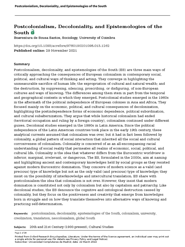 Postcolonialism Decoloniality and Epistemologies of The South | PDF ...