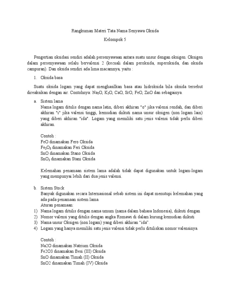 Rangkuman Materi Tata Nama Senyawa Oksida - Kelompok 5 | PDF