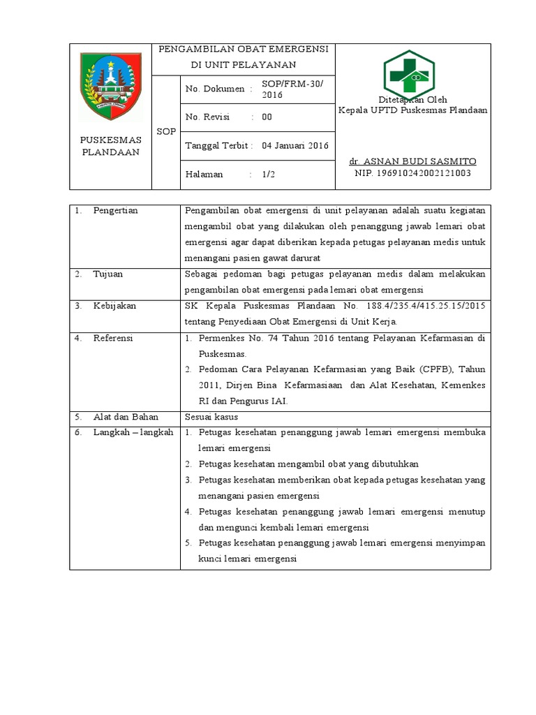 Frm 30 Sop Pengambilan Obat Emergensi Di Unit Pelayanan Pdf