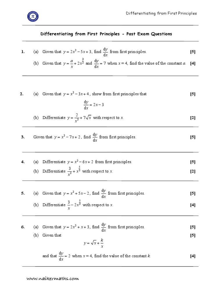 Differentiating from First Principles - Past Exam Questions | PDF | Mathematical Analysis | Calculus
