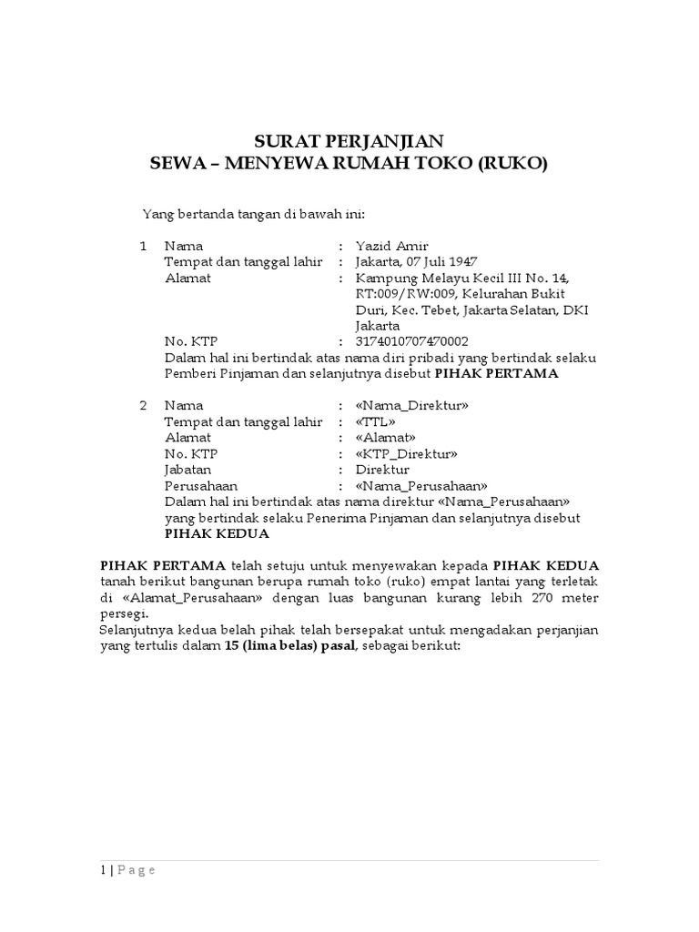 Contoh Surat Perjanjian Sewa Ruko Pt Pdf