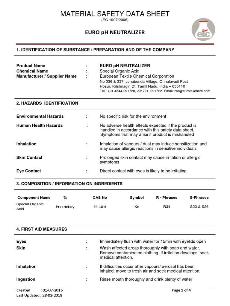 MSDS EURO PH NEUTRALIZER | PDF | Personal Protective Equipment | Water