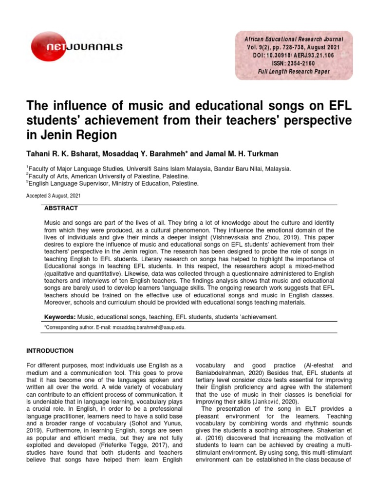 The Influence of Music and Educational Songs On EFL | PDF | Teachers ...