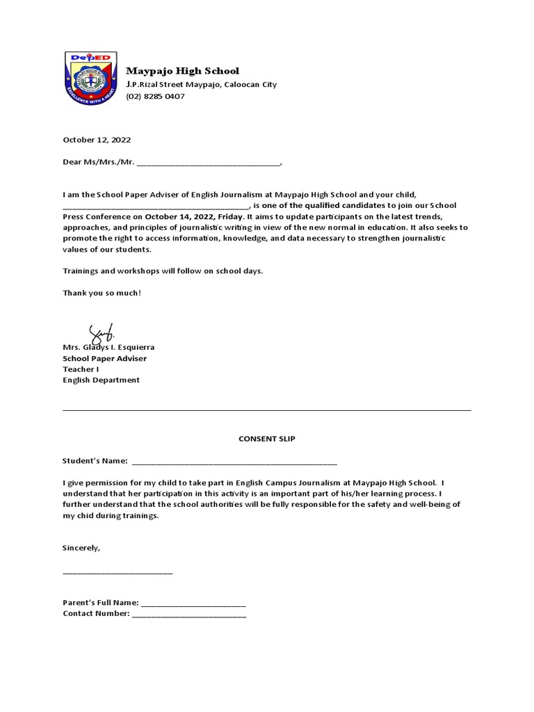 Consent Form Parent School Paper | PDF