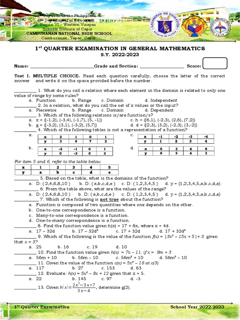 1st QUARTER EXAMINATION IN GENERAL MATHEMATICS | PDF | Function ...