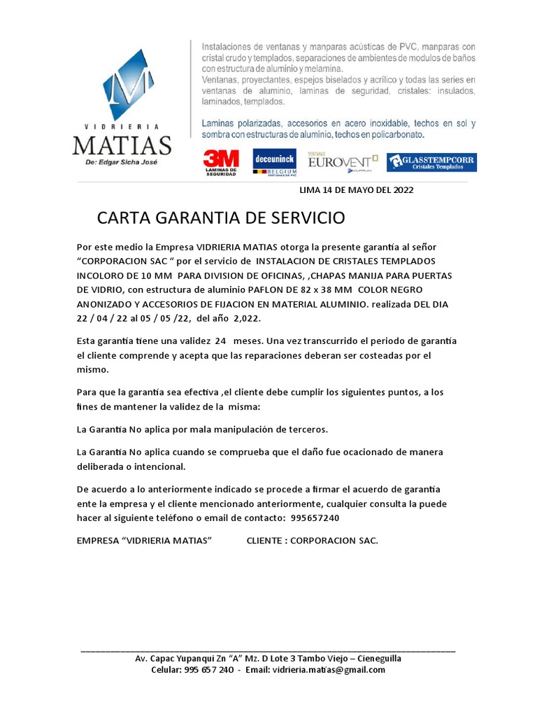 CARTA DE GARANTIA CORPORACION SAC | PDF