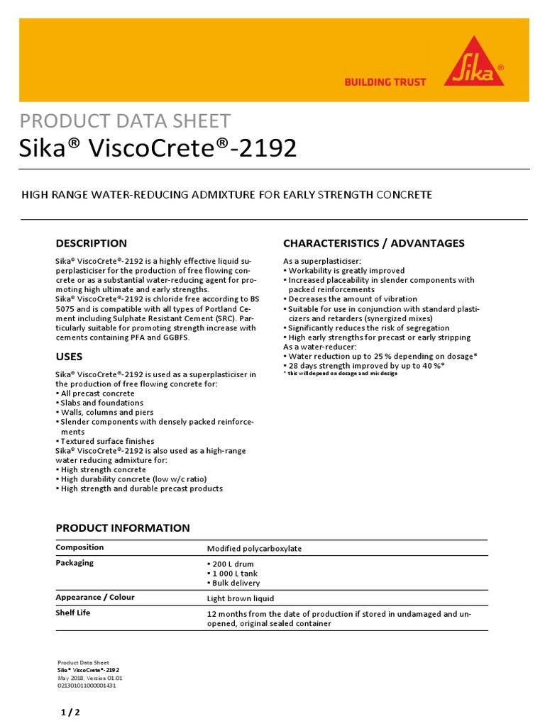 Sika Viscocrete - 2192 | Download Free PDF | Concrete | Materials