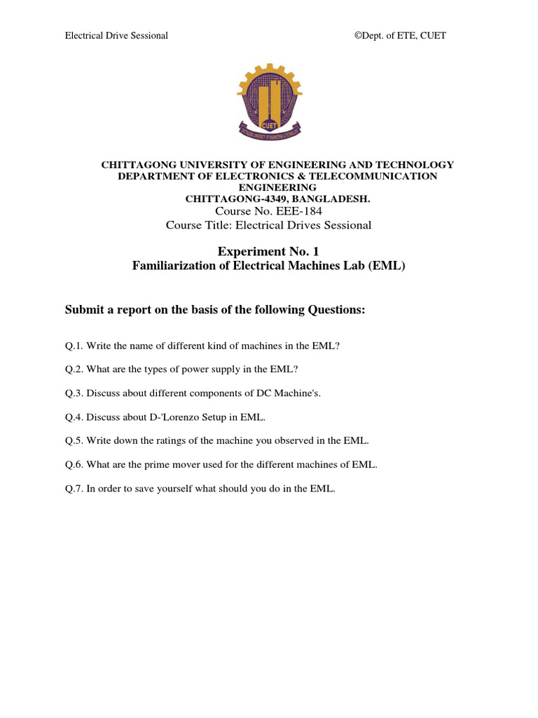 Exp - 1. Familiarization of Electrical Machines Lab | PDF